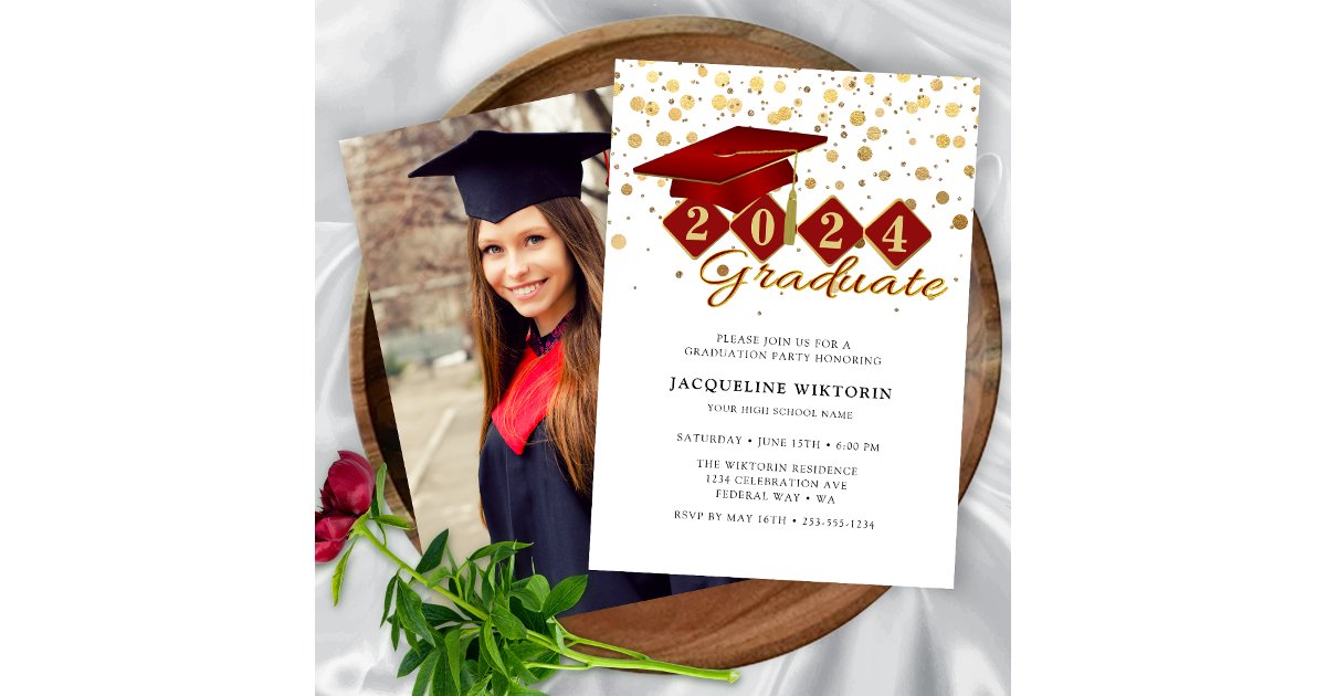 Elegant Red Gold Graduation Photo Party Invitation | Zazzle