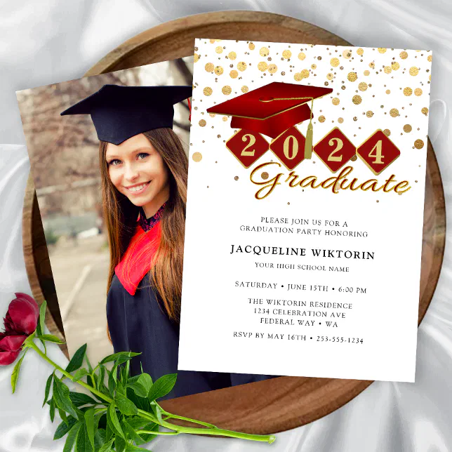 Elegant Red Gold Graduation Photo Party Invitation | Zazzle
