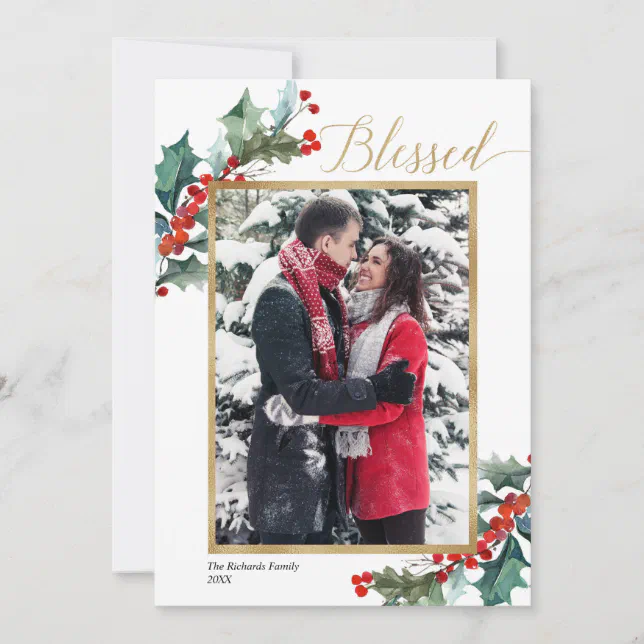 Elegant red gold greenery Blessed Christmas card | Zazzle
