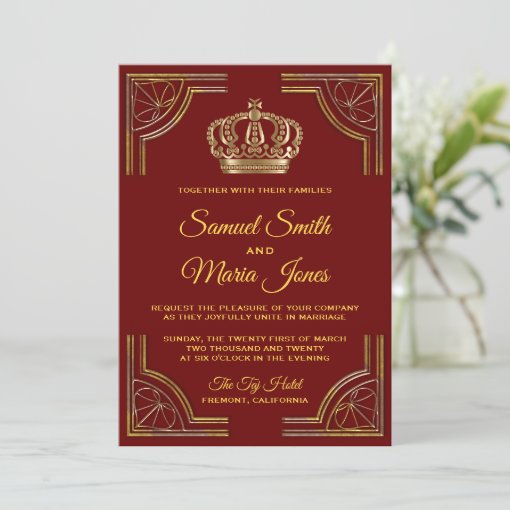 Elegant Red Gold Ornate Crown Wedding Invitation | Zazzle