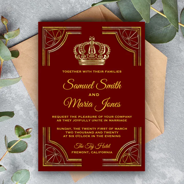 Elegant Red Gold Ornate Crown Wedding Invitation | Zazzle