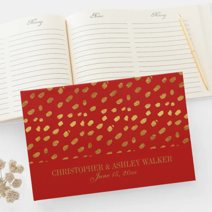 Elegant Red Gold Personalized Wedding Guestbook | Zazzle