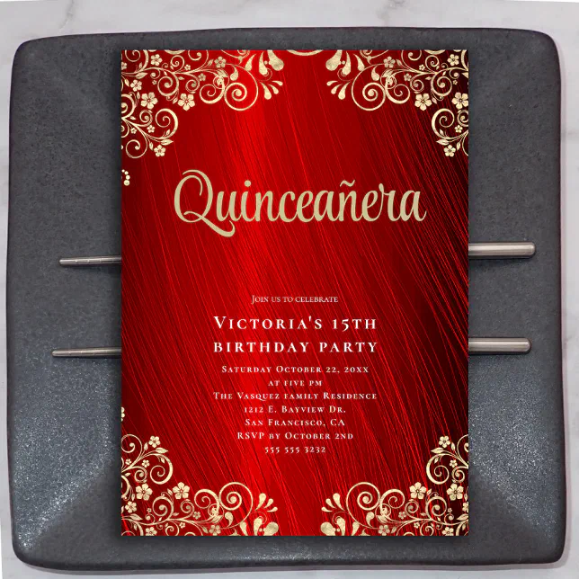 Elegant Red Gold Quinceañera 15th Birthday Party Invitation | Zazzle