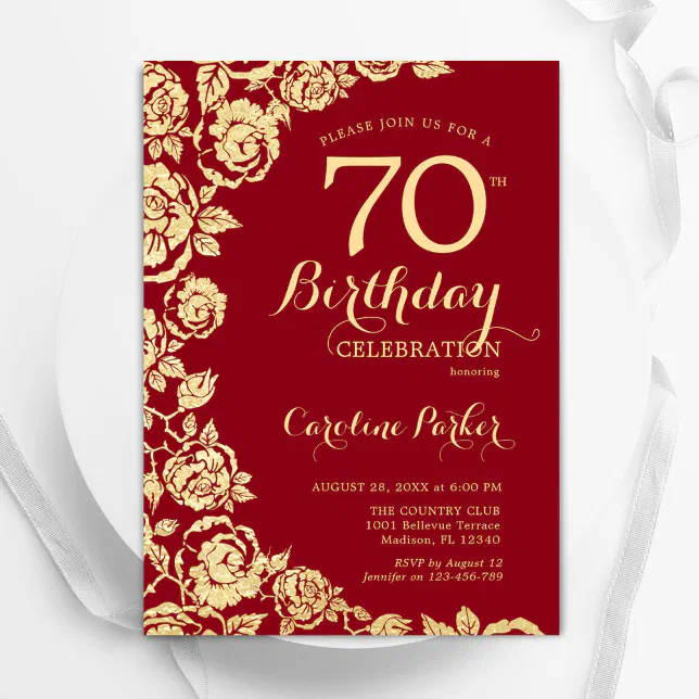 Elegant Red Gold Roses 70th Birthday Invitation | Zazzle