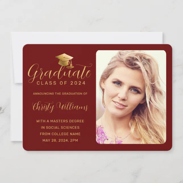Elegant Red Gold Script Photo College Graduation Announcement | Zazzle