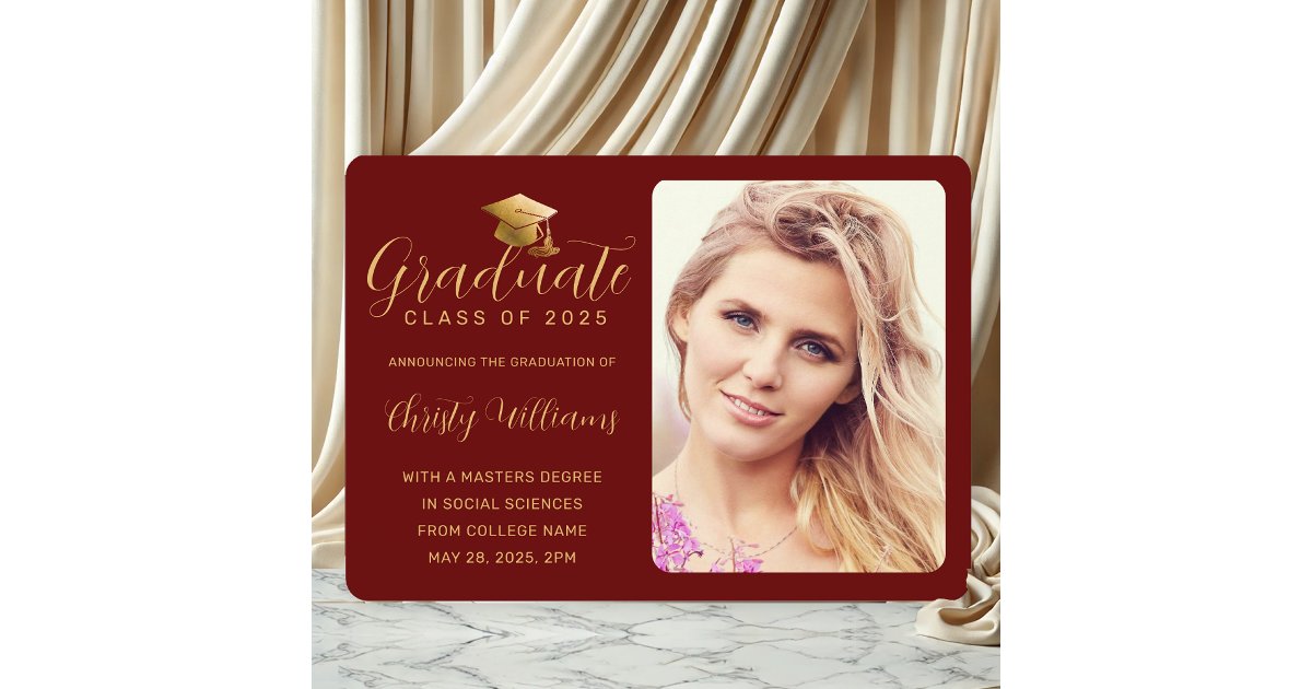 Elegant Red Gold Script Photo College Graduation Announcement | Zazzle