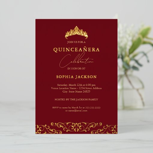 Elegant Red Gold Tiara Script Quinceanera Foil Invitation | Zazzle