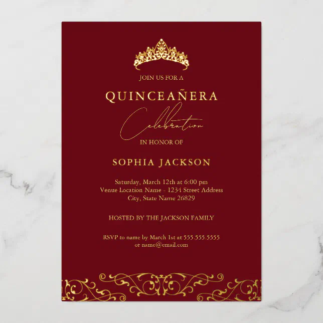 Elegant Red Gold Tiara Script Quinceanera Foil Invitation | Zazzle