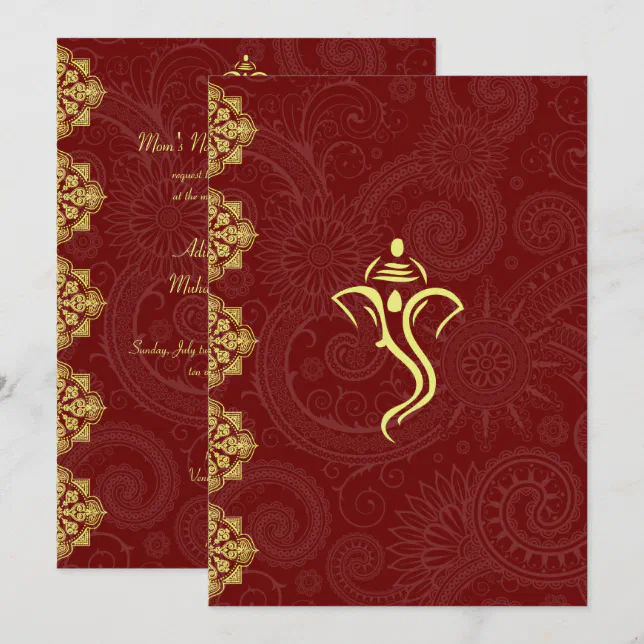 Elegant Red & Gold Vinayaka Wedding Design Invitation | Zazzle