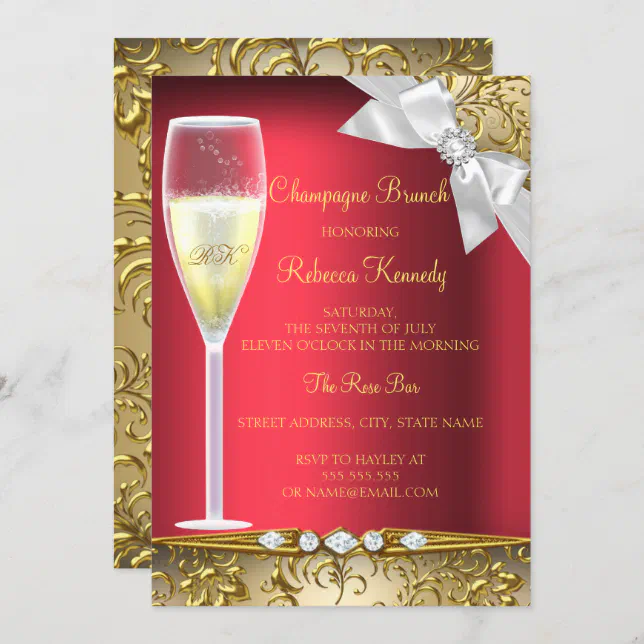 Elegant Red Gold White Champagne Brunch Invitation | Zazzle