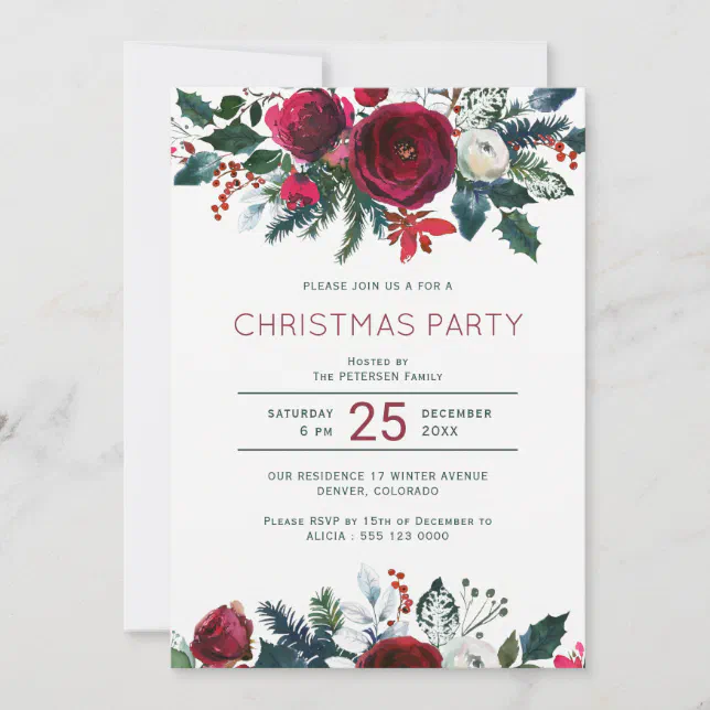 Elegant red green floral Christmas party Invitation | Zazzle