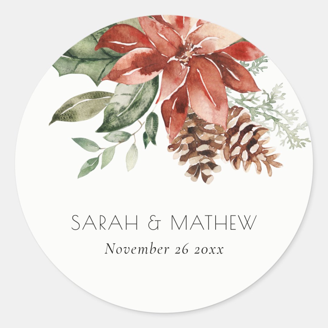 Elegant Red Green Poinsettia Pine Cone Watercolor Classic Round Sticker ...