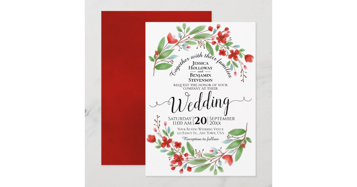 Elegant Red & Green Watercolor Floral Wedding Invitation | Zazzle