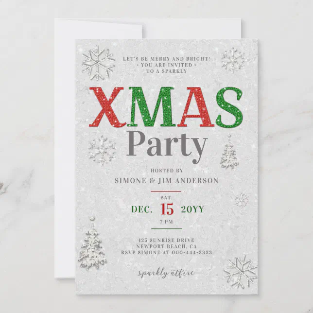 Elegant Red Green White Glitter Christmas Party Invitation | Zazzle
