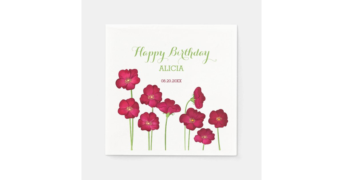 Elegant Red Growing Wildflower Birthday Party Napkins | Zazzle