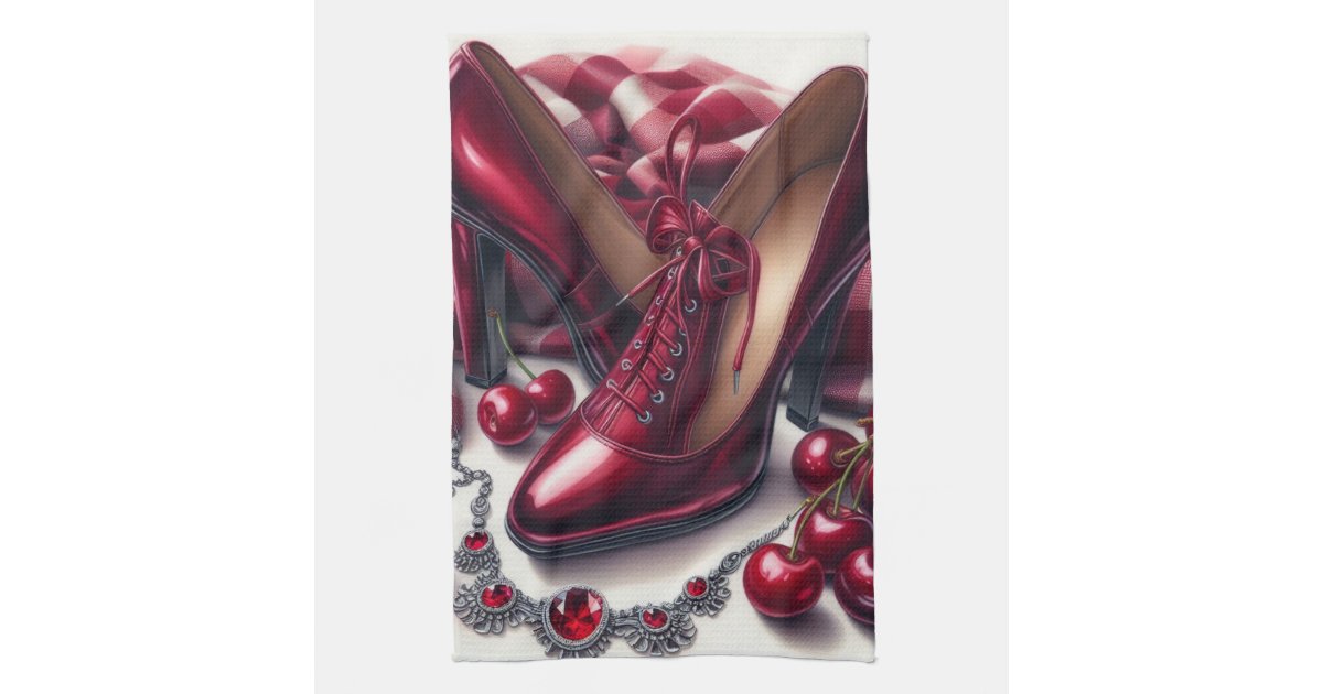 Elegant Red High Heels with Cherry Kitchen Towel | Zazzle