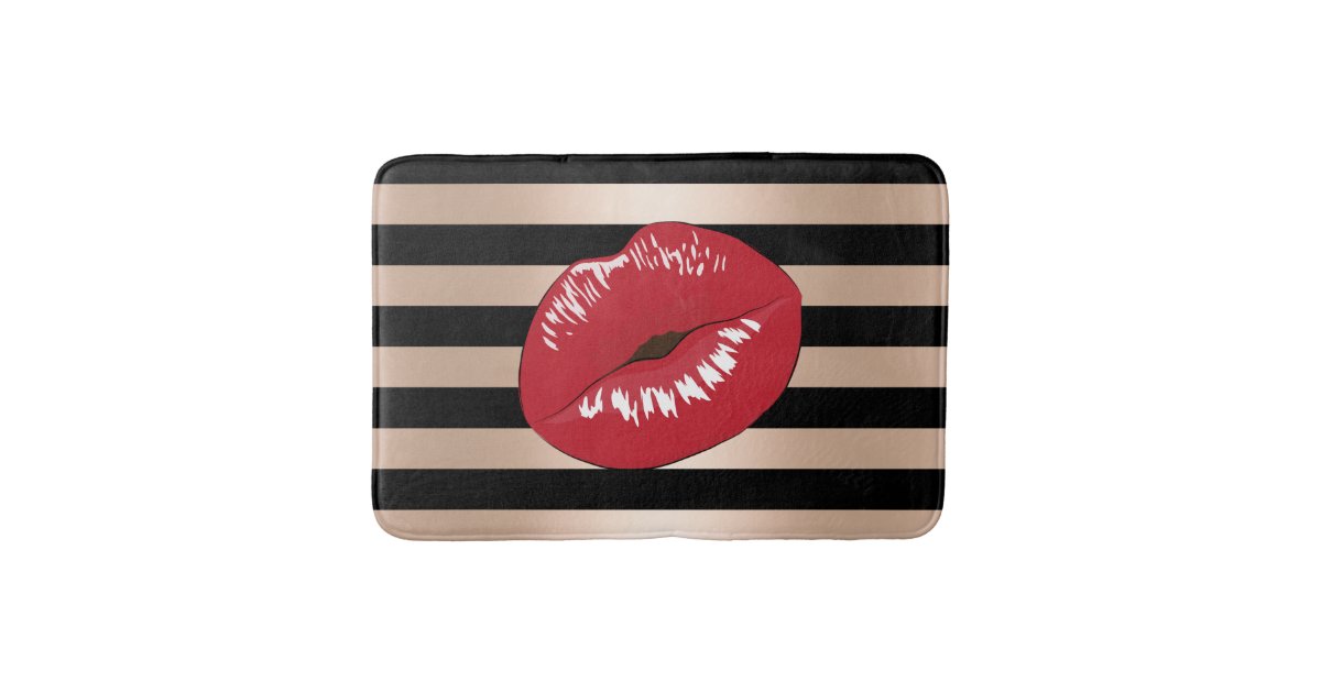 elegant red lips rose gold black stripes pattern bath mat | Zazzle