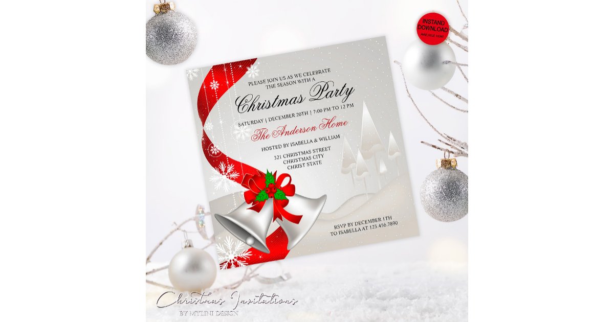 Elegant Red Loop Silver Bells Christmas Invitation | Zazzle