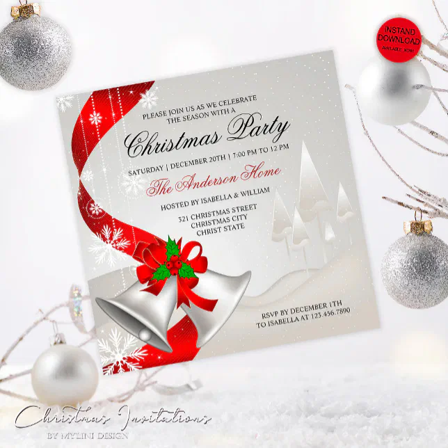 Elegant Red Loop Silver Bells Christmas Invitation | Zazzle