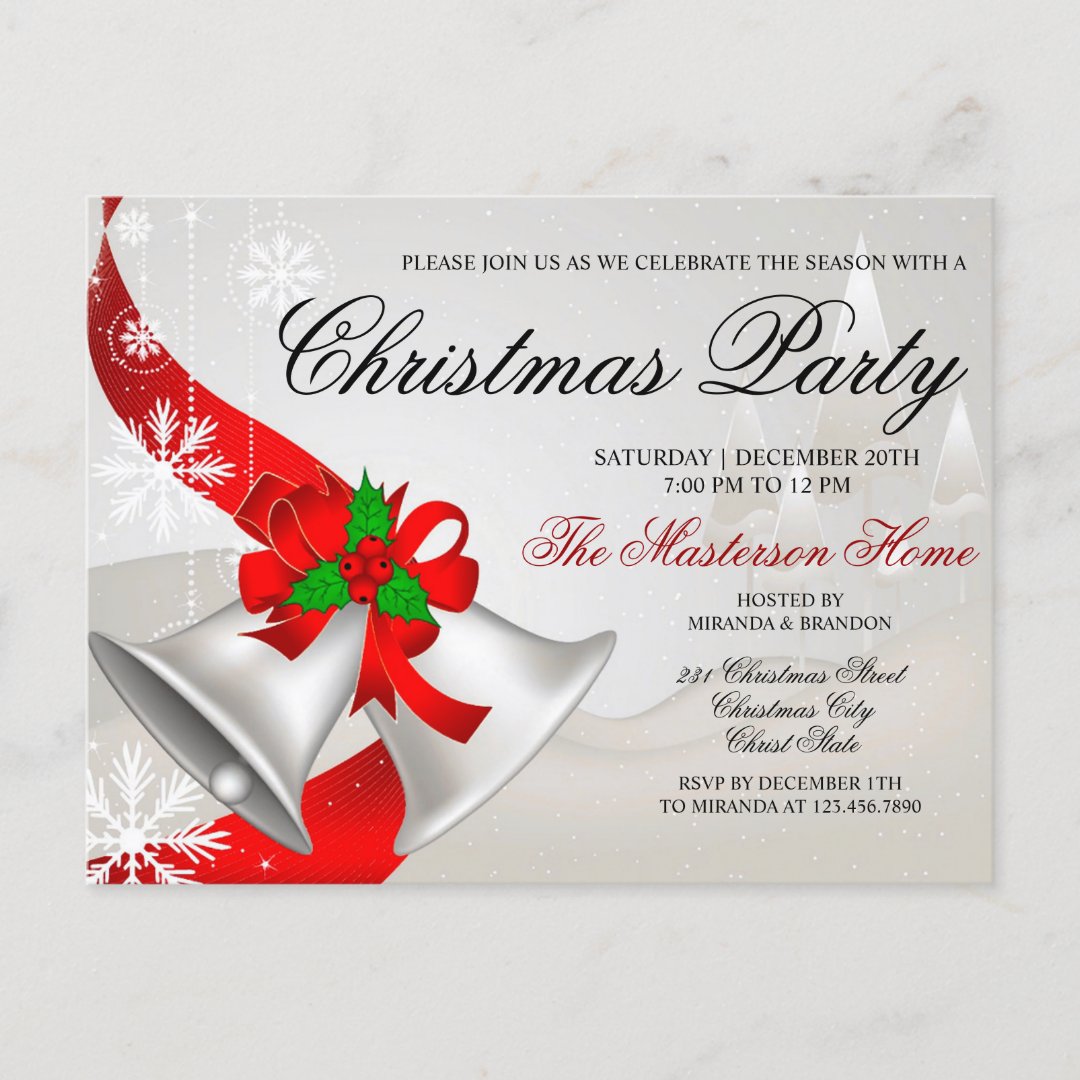 Elegant Red Loop Silver Bells Christmas Party Invitation Postcard | Zazzle