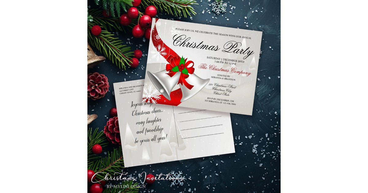 Elegant Red Loop Silver Bells Christmas Party Invitation Postcard | Zazzle