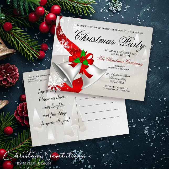 Elegant Red Loop Silver Bells Christmas Party Invitation Postcard | Zazzle