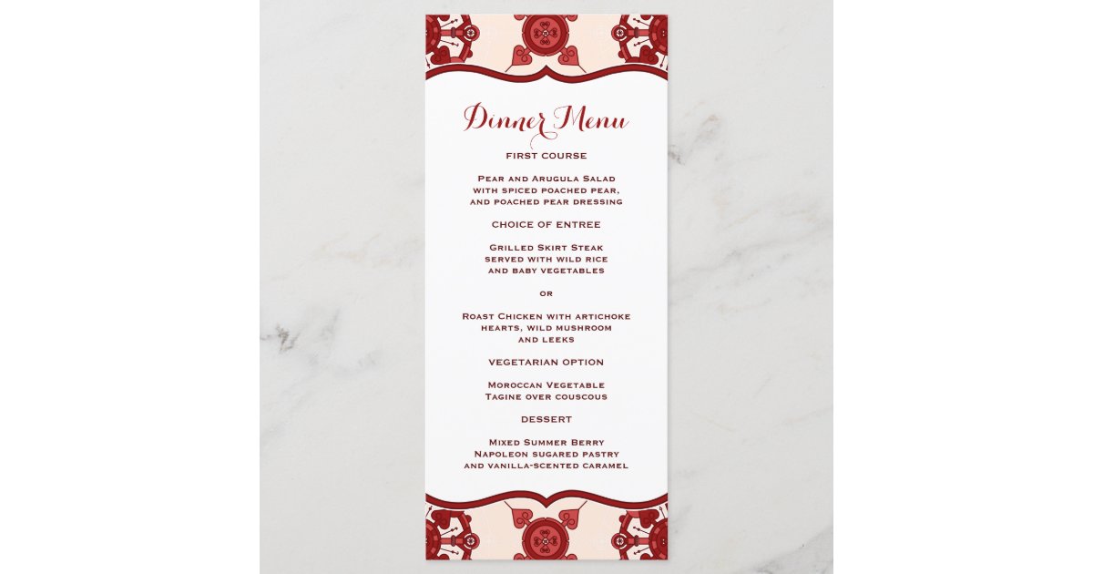 Elegant Red Medallion Pattern Slim Dinner Menu | Zazzle
