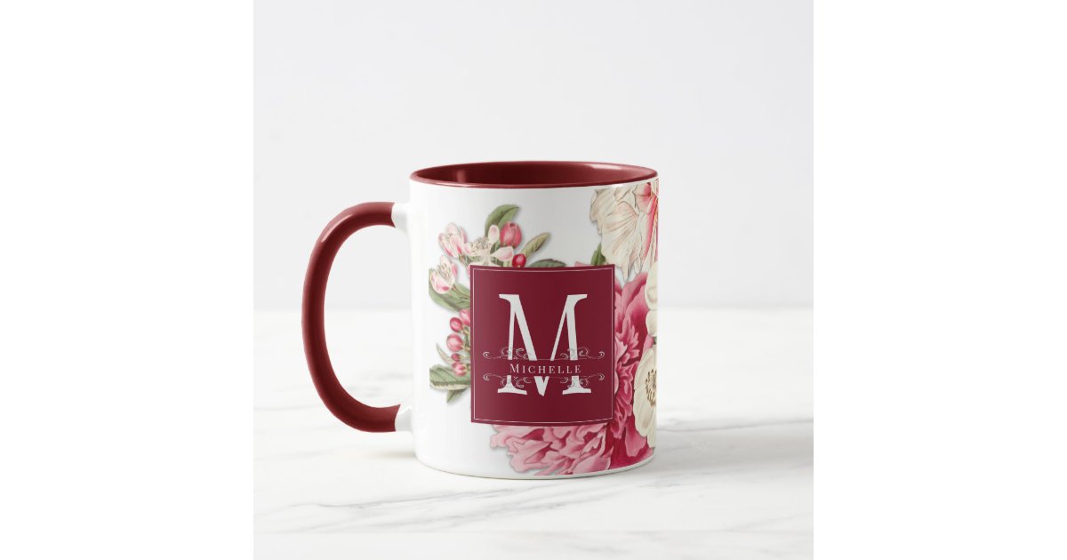 Elegant Red Monogram Swirls Vintage Floral Custom Mug | Zazzle