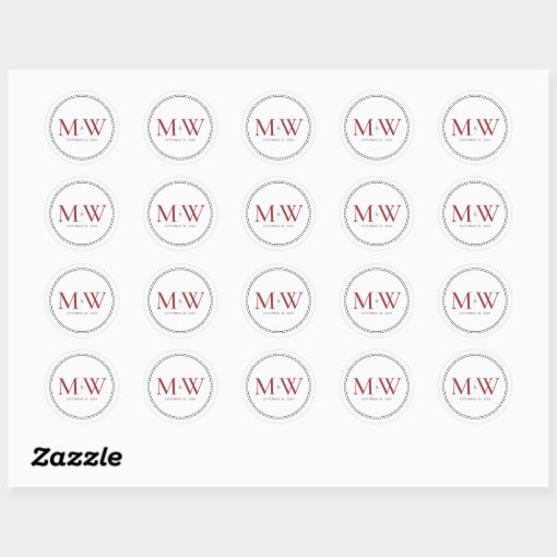 Elegant Red Monogram Wedding Classic Round Sticker | Zazzle