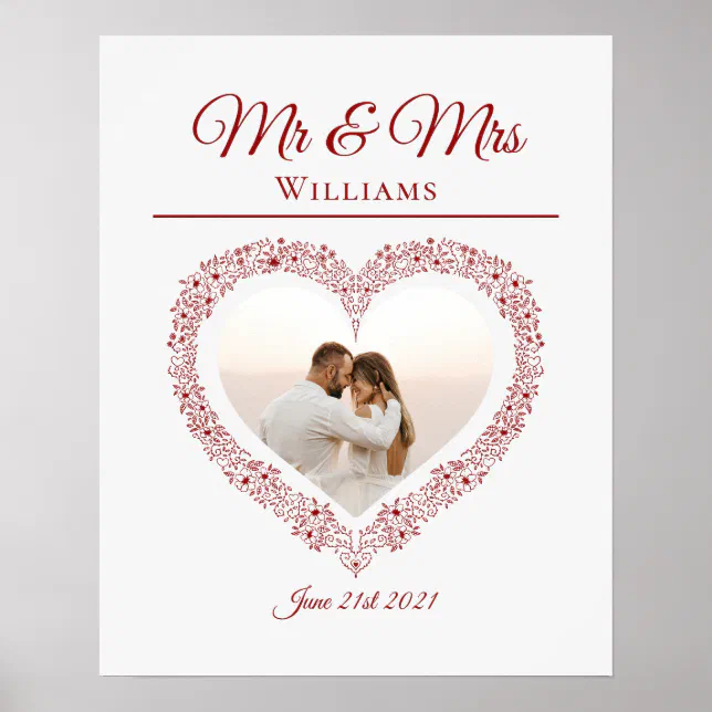 Elegant Red Mr and Mrs Valentine's Day Photo Heart Poster | Zazzle