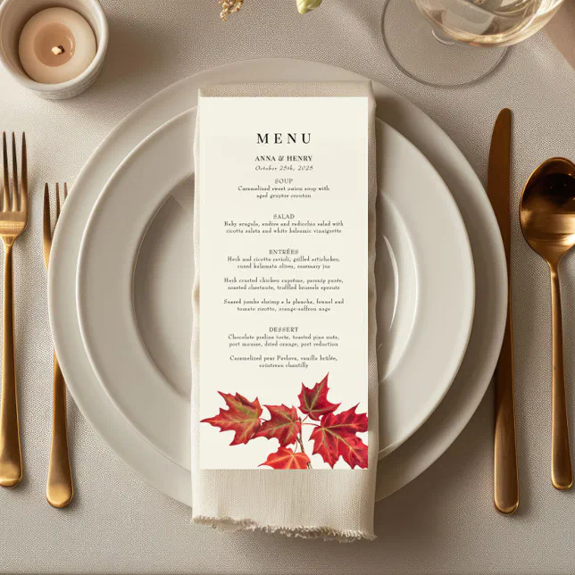 Elegant Red Orange Fall Leaves Wedding Menu | Zazzle