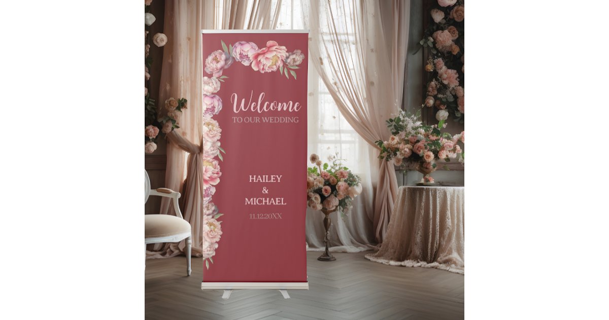 Elegant Red Peony Flower Asian Wedding Retractable Banner | Zazzle