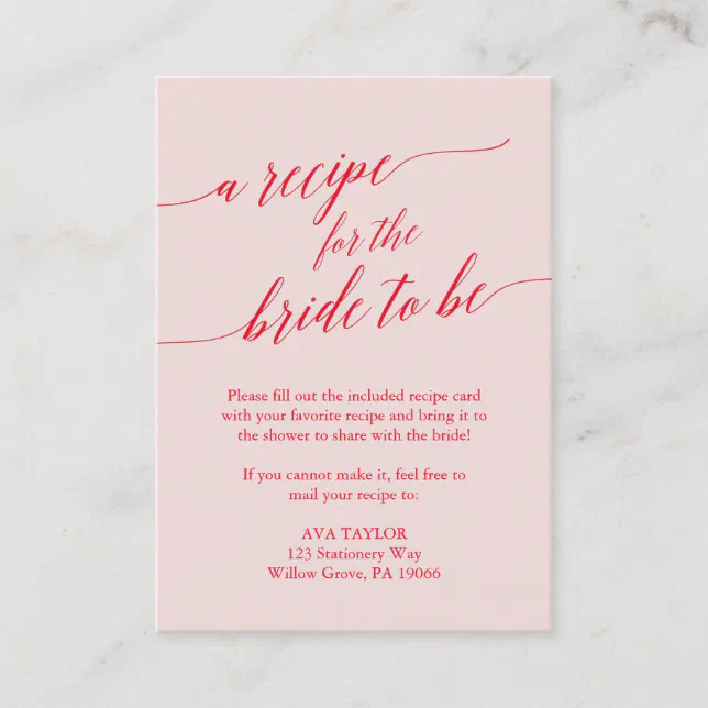 Elegant Red Pink Calligraphy Recipe Card Insert | Zazzle