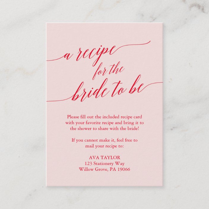 Elegant Red Pink Calligraphy Recipe Card Insert | Zazzle.com