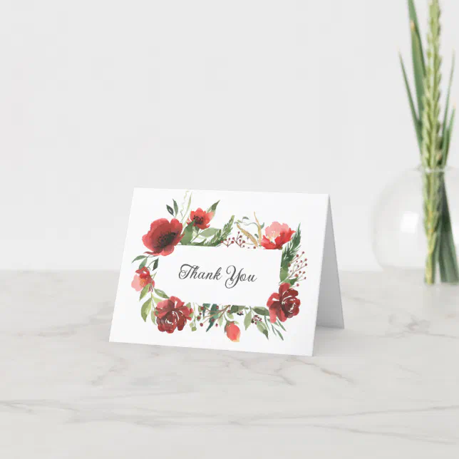 Elegant Red Pink Greenery Floral Watercolor Thank You Card | Zazzle