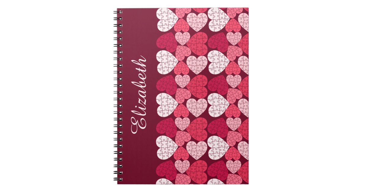 Elegant Red Pink Jigsaw Puzzle Heart Pattern Name Notebook | Zazzle