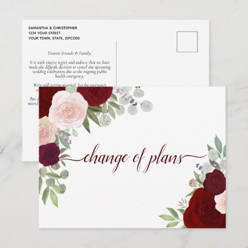 Elegant Red & Pink Roses Change of Wedding Plans Announcement Postcard ...
