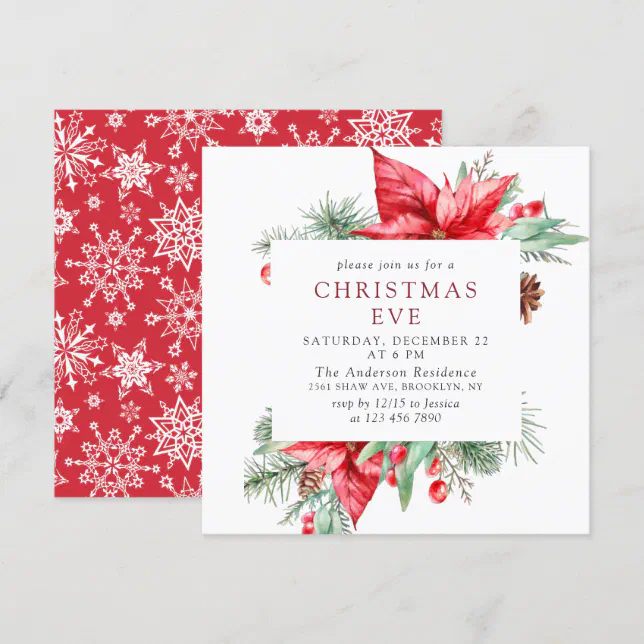 Elegant Red Poinsettia Holiday Christmas EVE Party Invitation | Zazzle