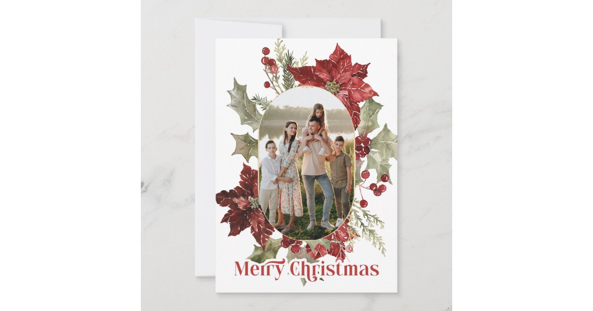 Elegant Red Poinsettia Holiday Photo Card | Zazzle