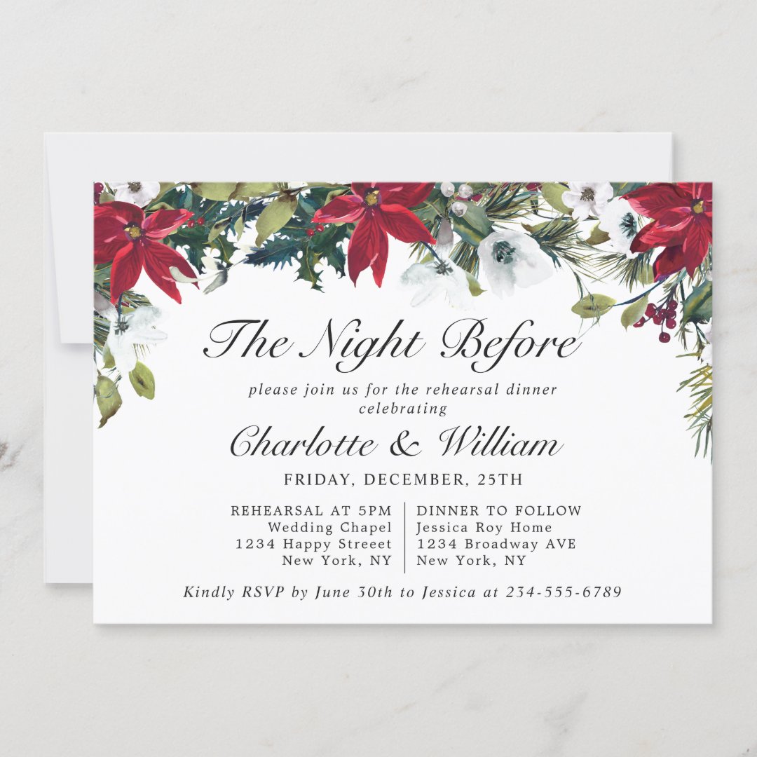 Elegant Red Poinsettia Watercolor REHEARSAL DINNER Invitation | Zazzle