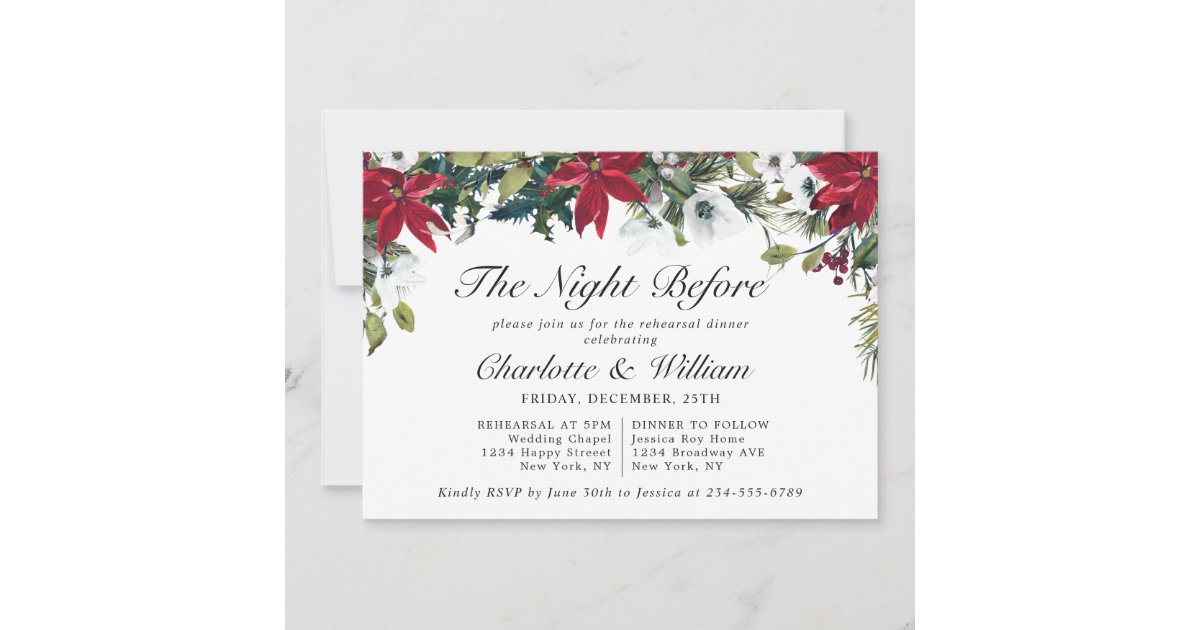 Elegant Red Poinsettia Watercolor REHEARSAL DINNER Invitation | Zazzle