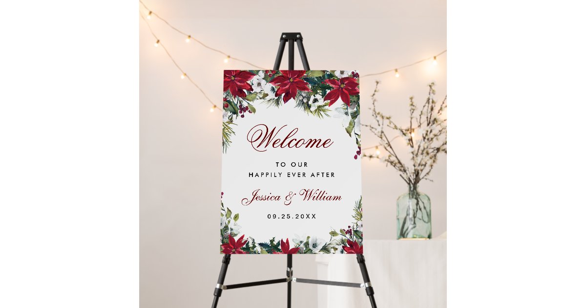 Elegant Red Poinsettia Wedding Ceremony Welcome Foam Board | Zazzle