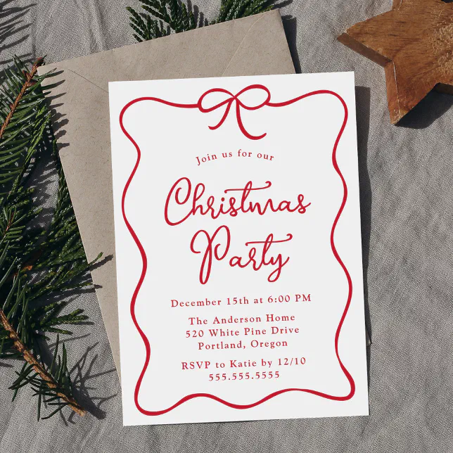 Elegant Red Ribbon Bow Christmas Party Invitation | Zazzle