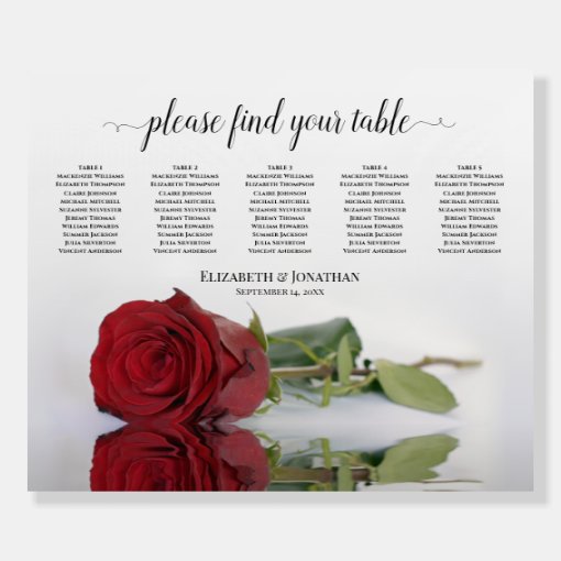 Elegant Red Rose 5 Table Wedding Seating Chart Foam Board | Zazzle