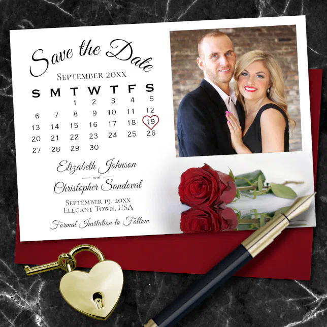Elegant Red Rose Calendar & Photo Wedding Save The Date | Zazzle