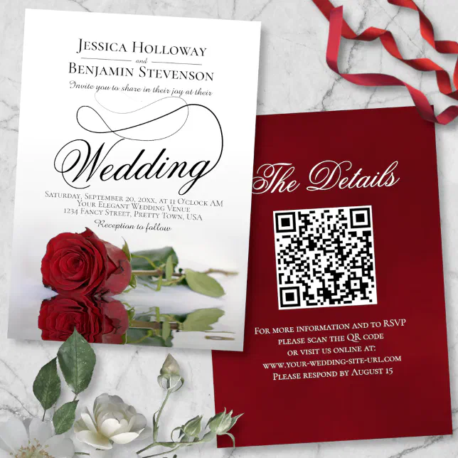 Elegant Red Rose Fancy Script QR Code Wedding Invitation | Zazzle
