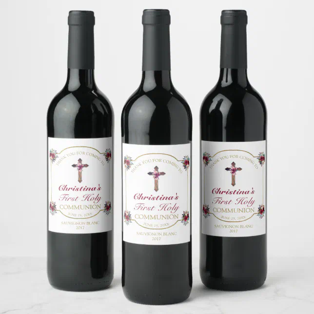 Elegant Red Rose Floral Gold First Holy Communion Wine Label | Zazzle