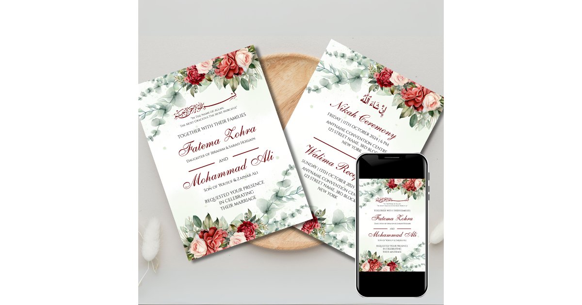 Elegant Red Rose Muslim Wedding Nikah Invitation | Zazzle