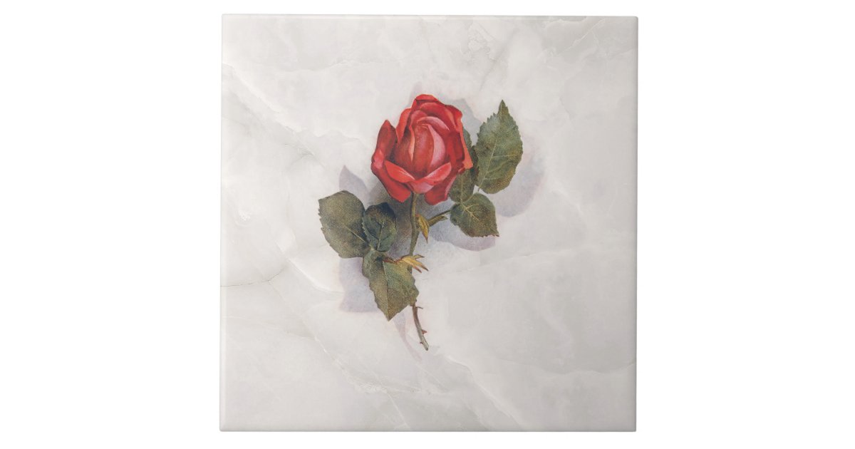 Elegant Red Rose on Grey Marble BG Ceramic Tile | Zazzle