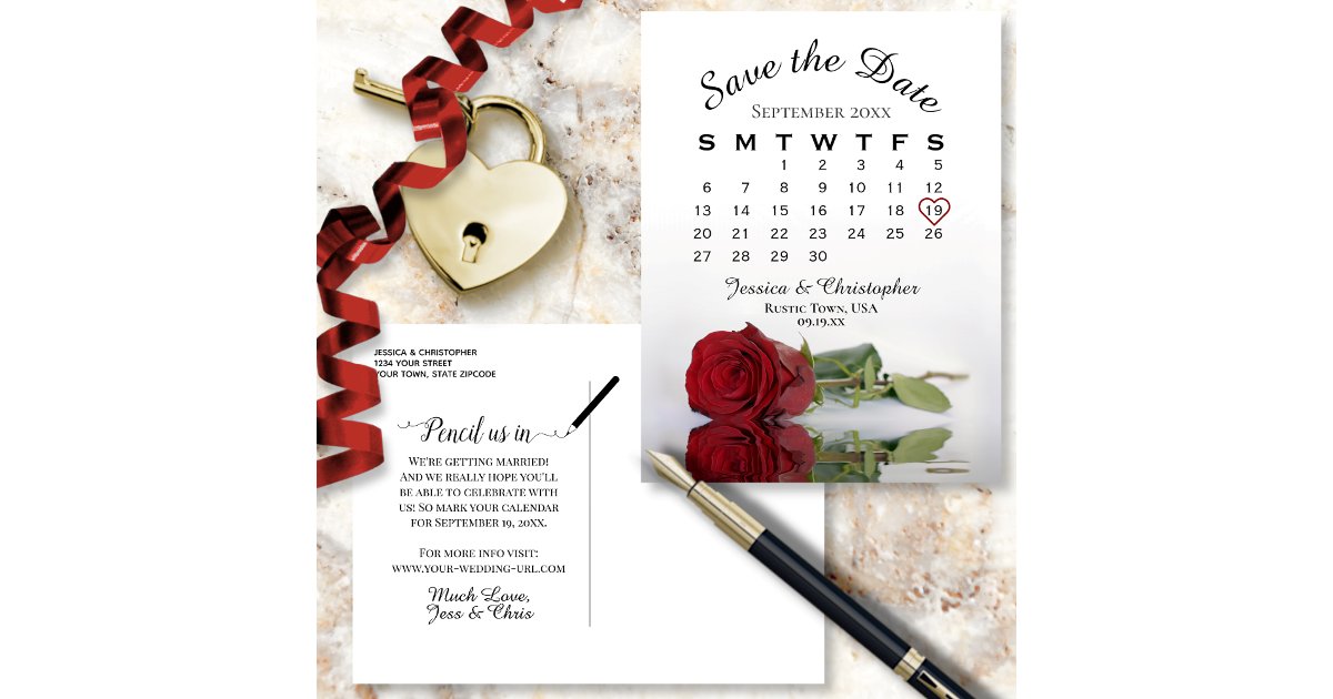 Elegant Red Rose Wedding Calendar Save the Date Announcement Postcard ...